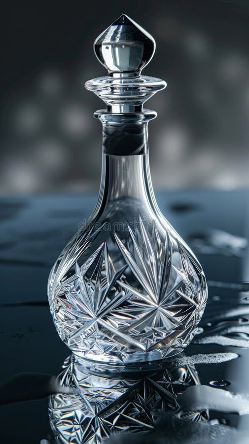 Elegant Crystal Decanter with Intricate Patterns on Reflective Surface ...