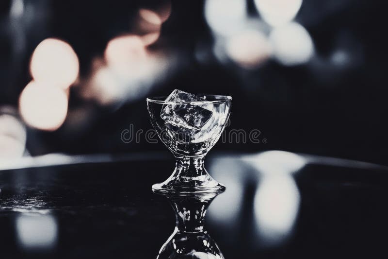 Elegant Crystal Glass with Ice Cubes on Reflective Surface in Dim Light ...