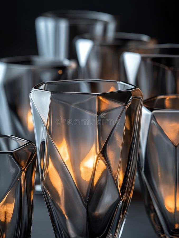 Elegant Crystal Glasses with Geometric Patterns and Warm Lighting ...