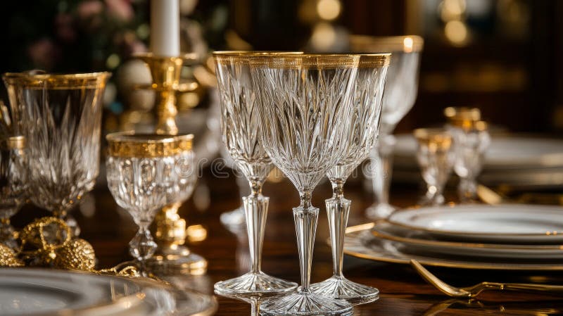 Elegant Crystal Glassware with Gold Accents on Luxurious Table Setting ...