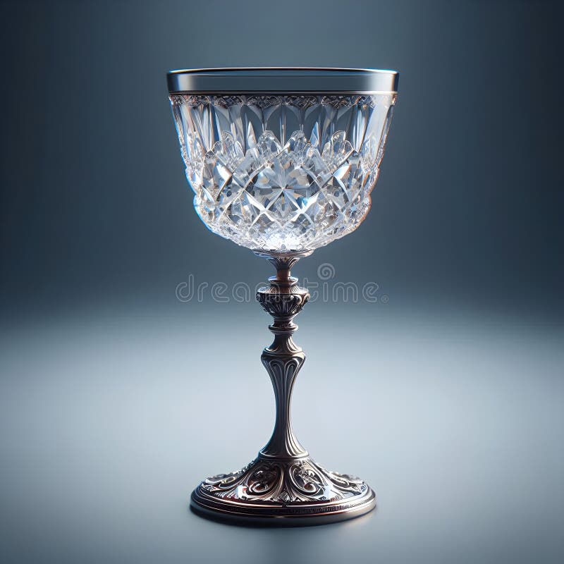 Elegant Crystal Goblet with Silver Base Standing on Gray Surface Stock ...