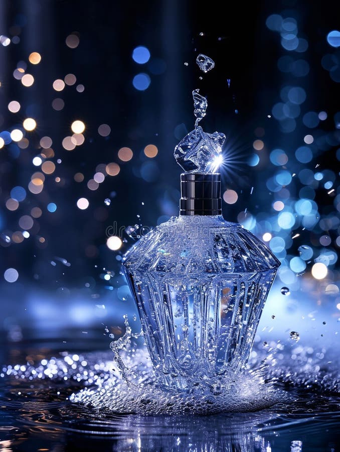 Elegant Crystal Perfume Bottle Splashing in Shimmering Water. Stock ...