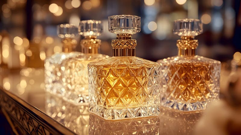 Elegant Crystal Perfume Bottles with Golden Liquid on Reflective ...