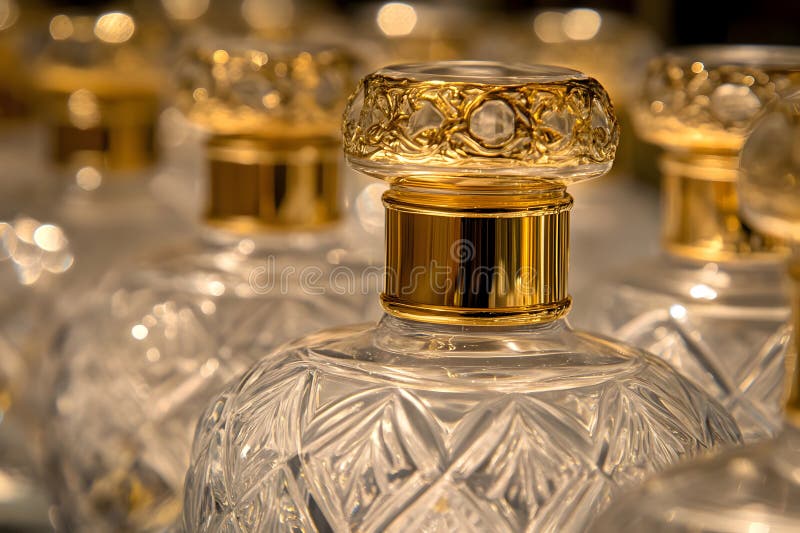 Elegant Crystal Perfume Bottles with Ornate Gold Caps in Soft Light ...