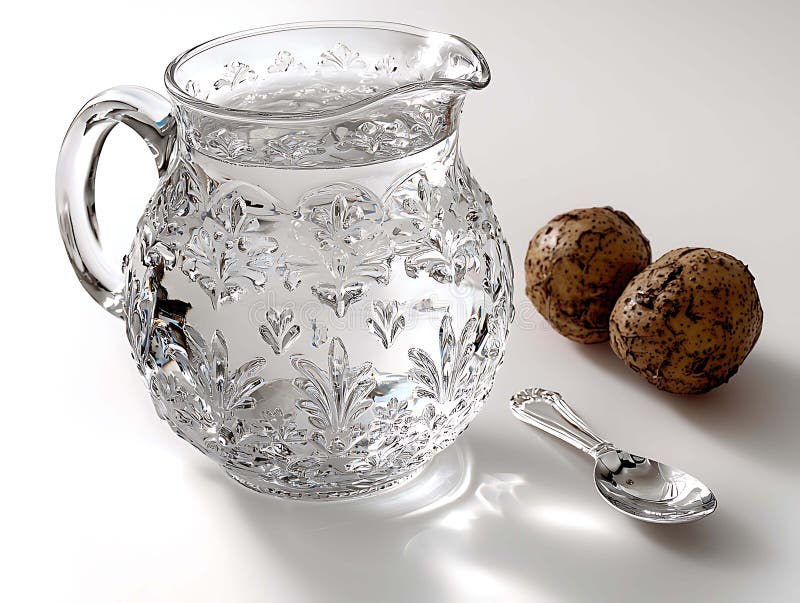 Elegant Crystal Pitcher Filled with Water, Accompanied by Two Earthy ...