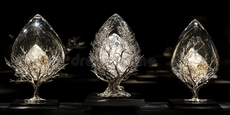 Elegant Crystal Tree Sculptures in Glass Domes Modern Art Display Stock ...