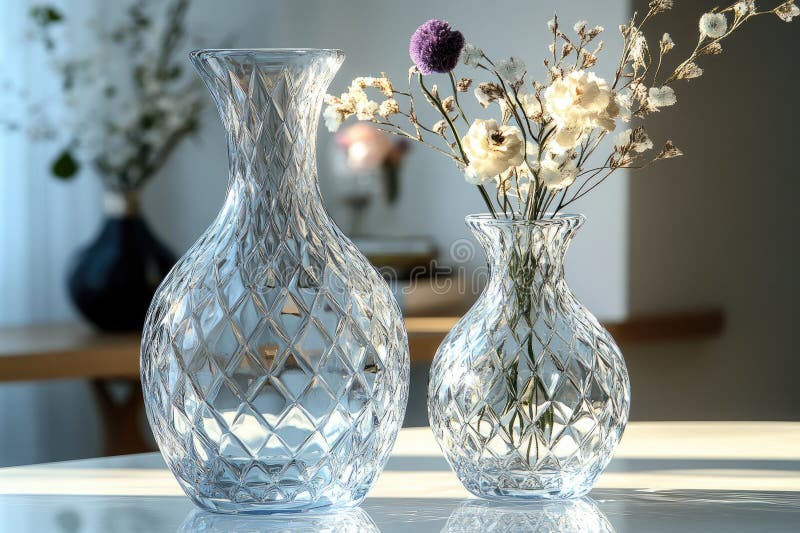 Elegant Crystal Vases with Diamond Pattern Holding Dried Flowers on ...