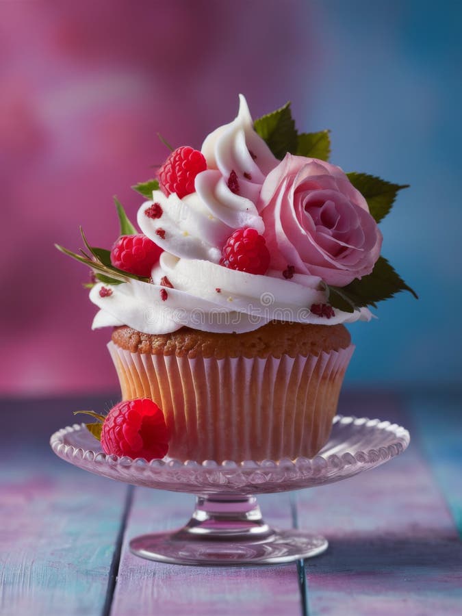 Elegant Cupcake with Rose and Raspberry Toppings on Decorative Stand ...
