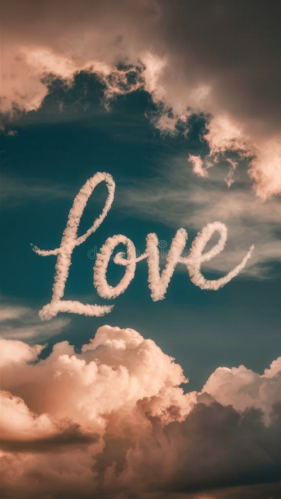 Elegant Cursive "Love" Floating in Sky with Light Clouds and Grey-Blue ...