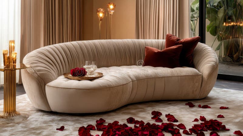 Elegant Curved Sofa with Red Roses and Petals Stock Illustration ...