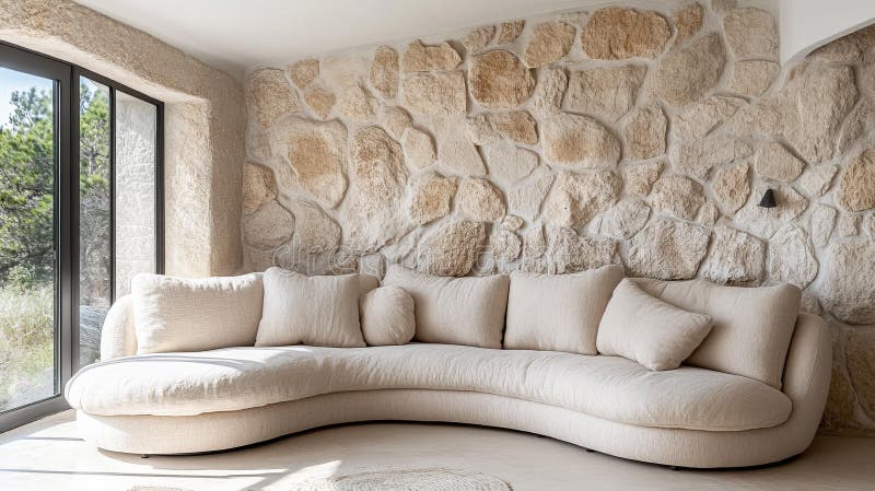 Elegant Curved Sofa with Stone Wall Backdrop Interior Design Stock ...