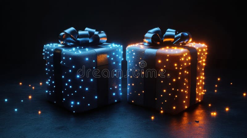 Elegant 3D Gift Boxes with Glowing Ribbons in Dark Setting Stock ...