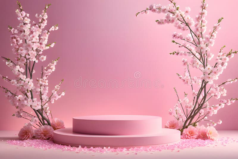 Elegant 3D Pink Podium Display with Sakura Pink Flowers for a Chic ...
