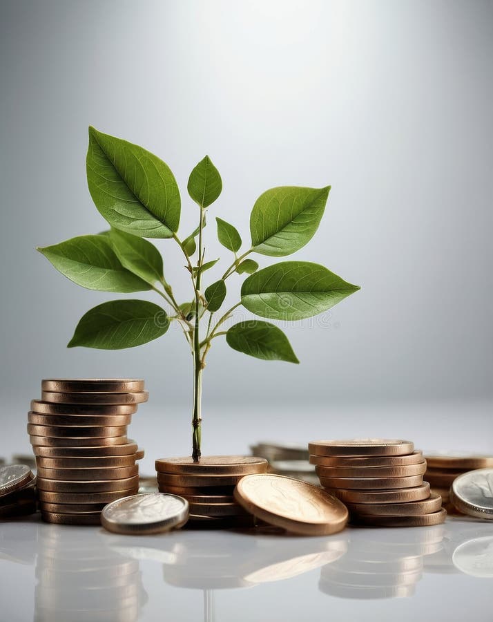 Elegant 3D Render: Green Sapling Growing from Stack of Silver Coins ...