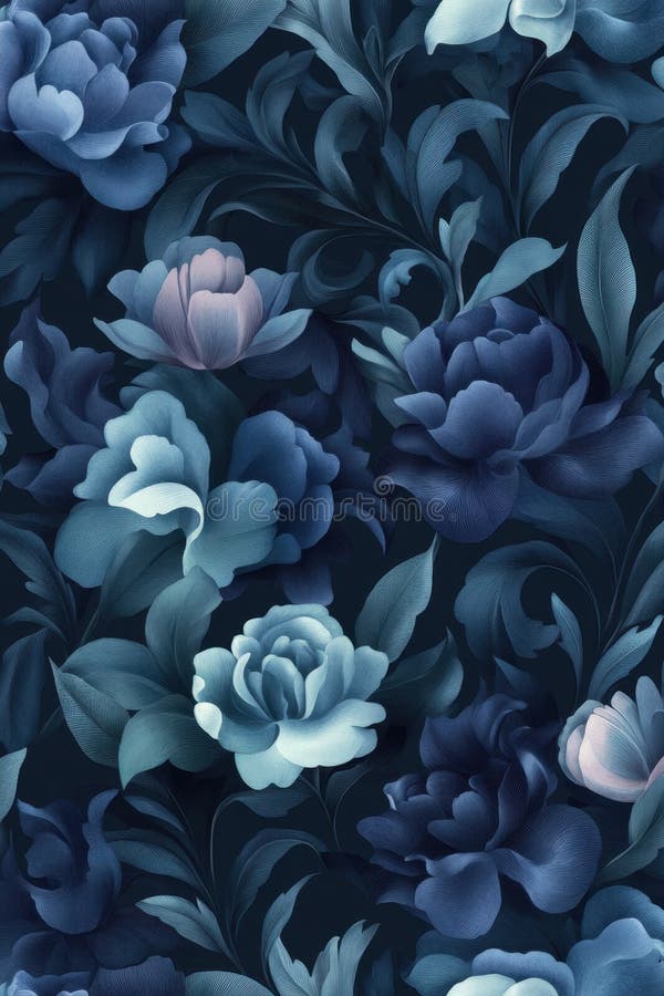 Elegant Dark Blue Floral Pattern with Leaves for Modern Decor. Stock Photo - Image of botanic ...