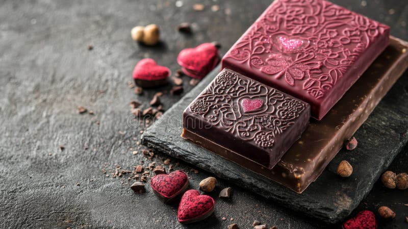 Elegant Dark Chocolate Bars with Heart Decorations Stock Illustration ...