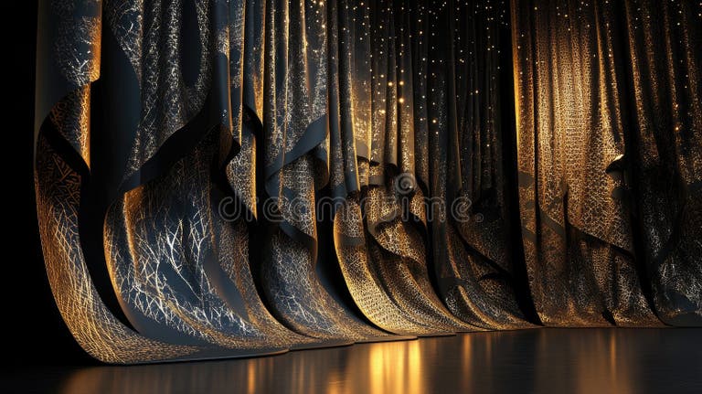 Elegant Dark Gold Fabric Drapes with Subtle Light Patterns Stock ...