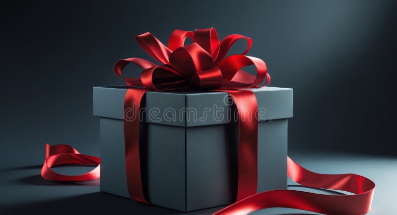 Elegant Dark Gray Gift Box with Red Satin Ribbon Bow on Dark Background ...