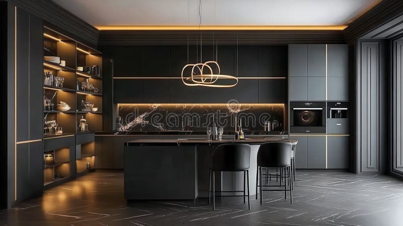 Elegant Dark Kitchen Design with Marble Accents and Modern Lighting ...