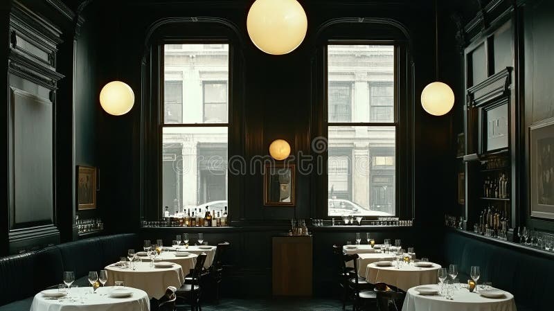 Elegant Restaurant Interior Dark Decor Cityscape View Stock Photos ...