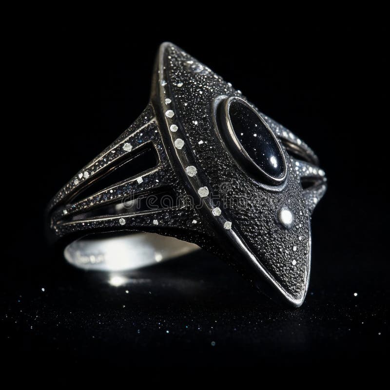 Elegant Dark Silver Ring with Black Stone and Geometric Design Stock ...
