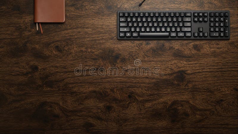 Elegant Dark Walnut Desk with Mechanical Keyboard and Leather Notebook ...
