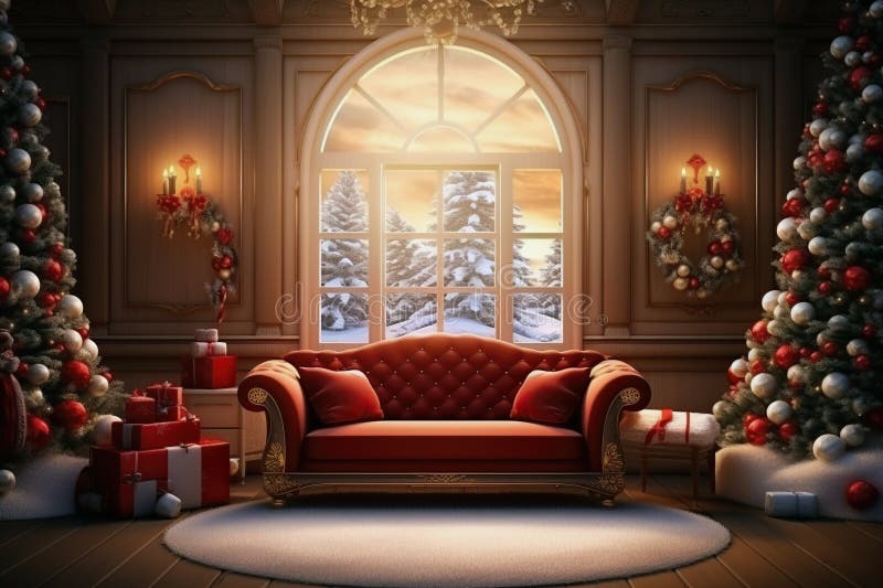 Elegant and Decorated Living Room Backdrop with Christmas Tree and ...