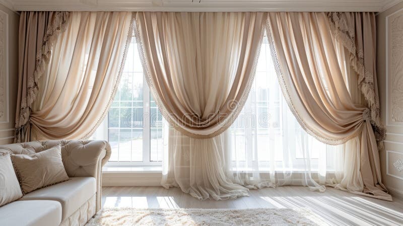 Elegant Decorative Beige Curtain with Pattern in Bright Living Room ...