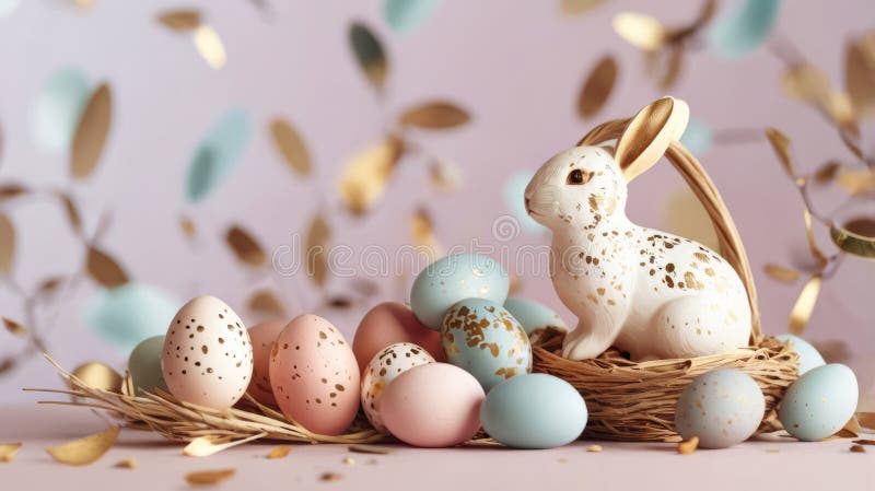 Elegant Decorative Easter Bunny with Pastel Eggs in a Festive Setting ...