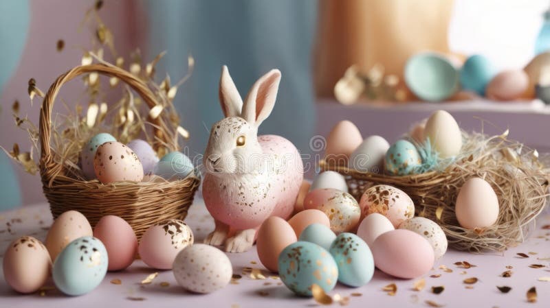 Elegant Decorative Easter Bunny with Pastel Eggs in a Festive Setting ...