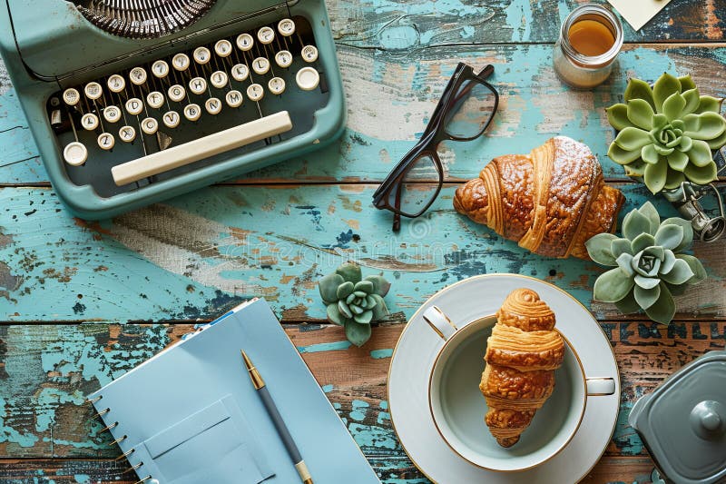 Elegant Desk Setup for Writer with Typewriter, Coffee, and Succulents ...