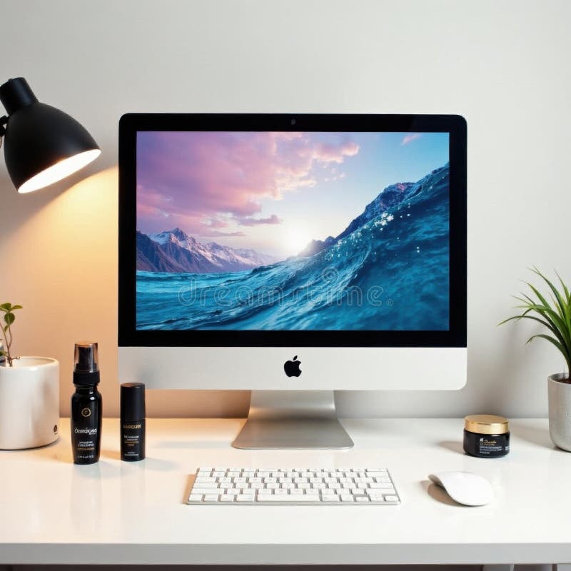 Elegant Desktop Setup with Cosmetics Skincare Products, Decor ...