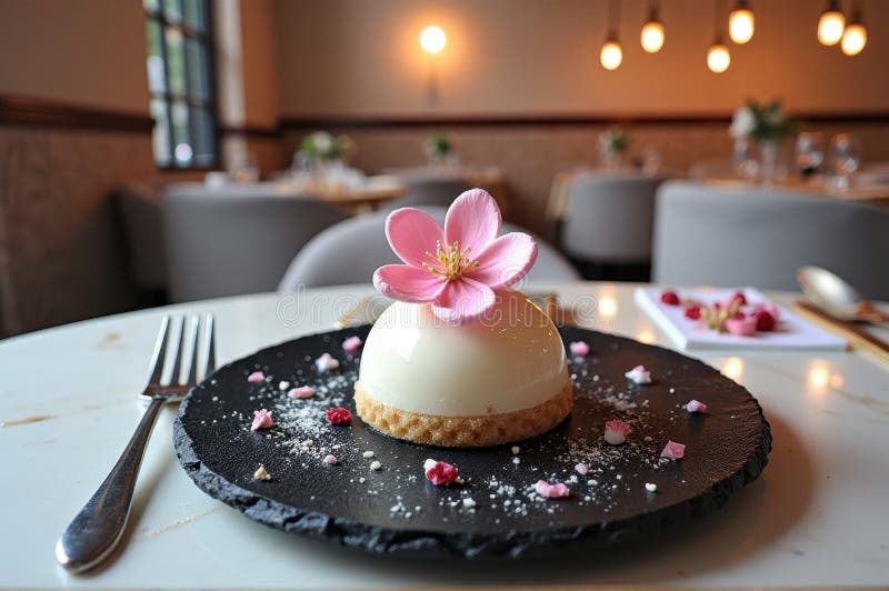 Elegant Dessert with Pink Flower on Black Plate in Cozy Restaurant ...