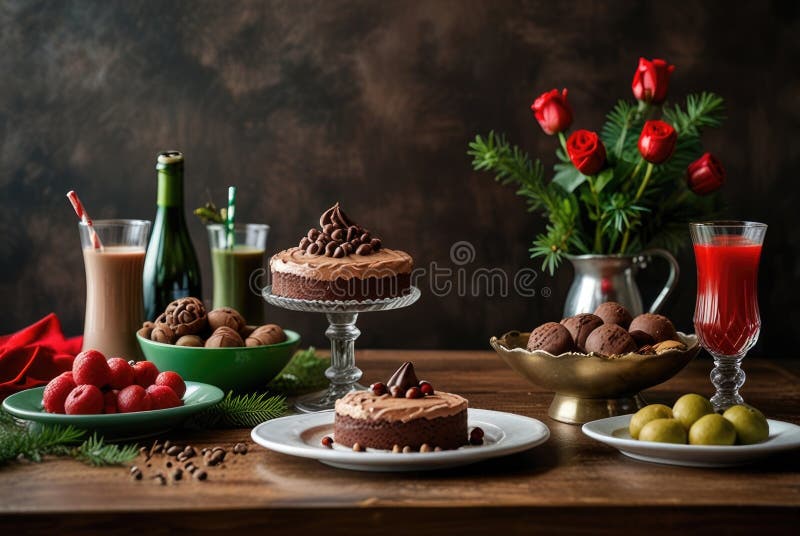 Elegant Dessert Spread with Chocolate Cakes, Fresh Fruit, and Juices on ...