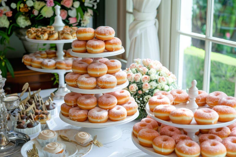 Elegant Dessert Table with Donut Tower Display Stock Photo - Image of ...