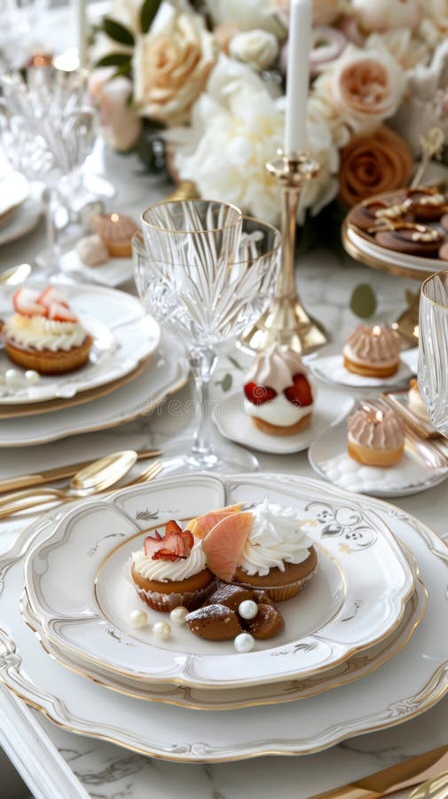 Elegant Dessert Table Setting with Pastries and Crystal Glassware Stock ...
