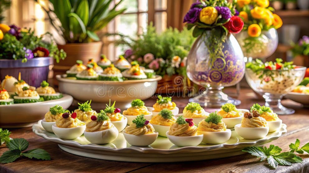 Elegant Deviled Eggs Buffet with Springtime Floral Decorations ...