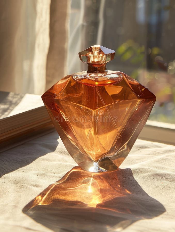 Elegant Diamond-cut Crystal Perfume Bottle with Amber Hue Stock ...