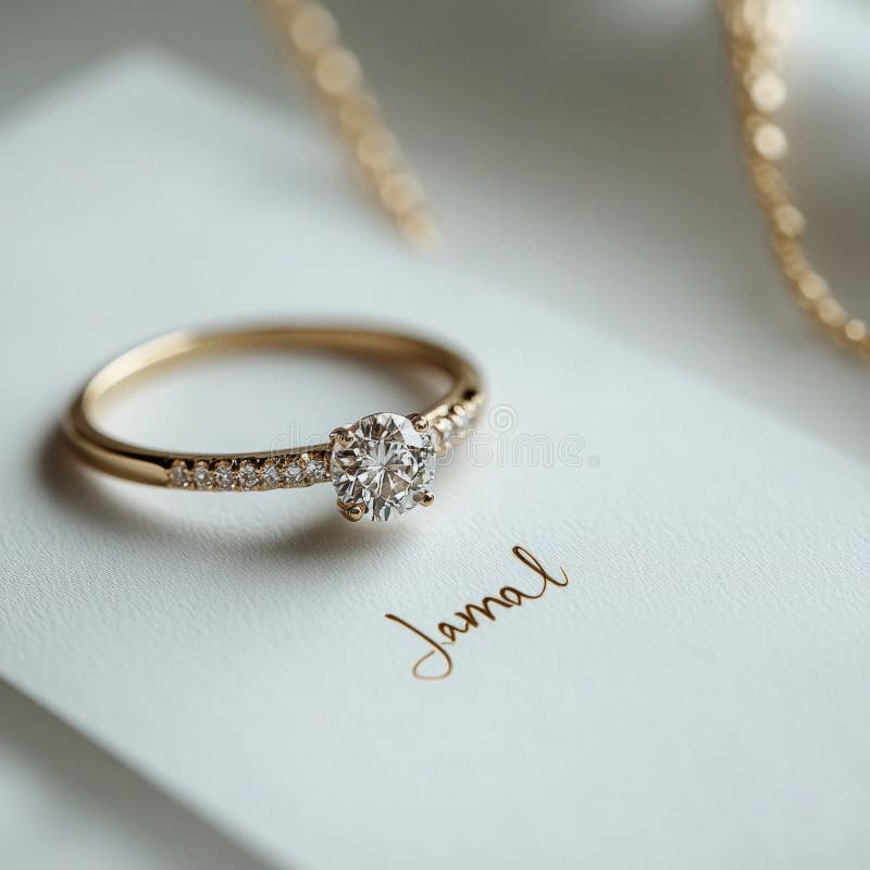 Elegant Diamond Engagement Ring on Card with Cursive Script Stock Image ...