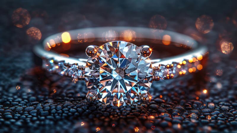 Elegant Diamond Engagement Ring on Dark Reflective Surface Stock Photo ...