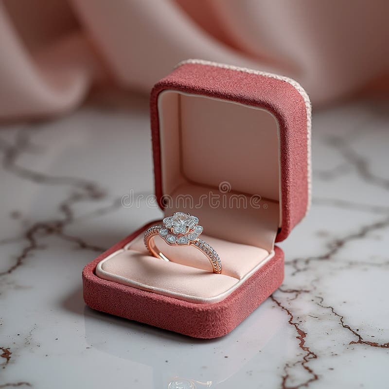 Elegant Diamond Engagement Ring in Pink Velvet Box on Marble Surface ...