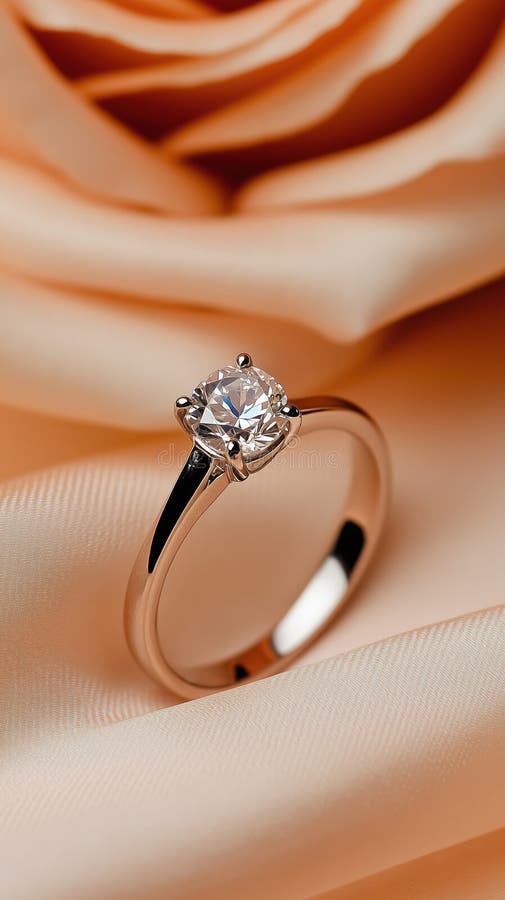 Elegant Diamond Engagement Ring on Soft Fabric and Rose Background ...