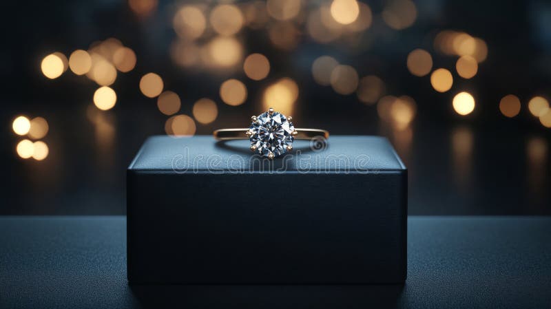 Elegant Diamond Ring on a Black Box with Bokeh Light Background for ...