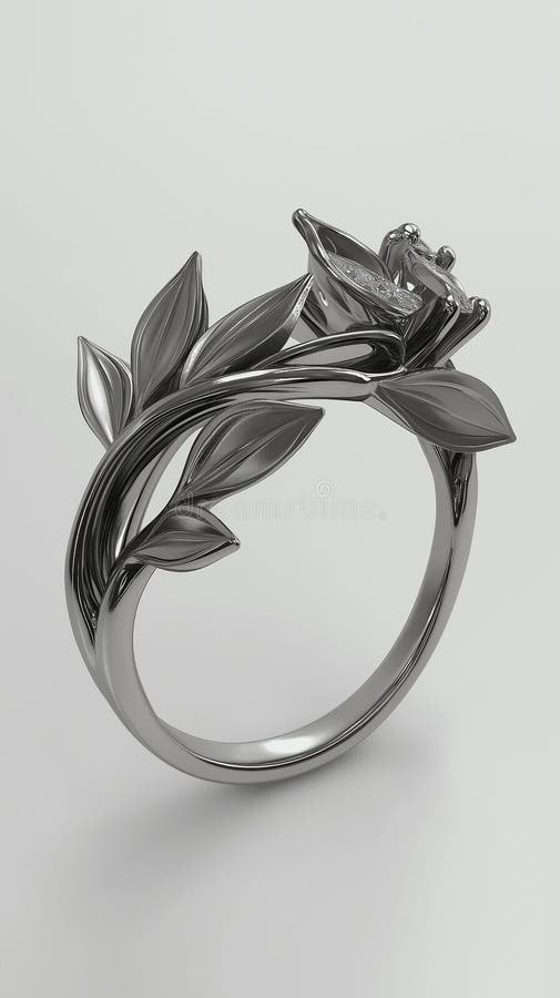 Elegant Diamond Ring with Leaf-inspired Silver Band Design Stock Image ...