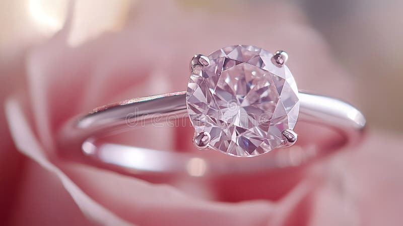 Elegant Diamond Ring on Pink Rose Background in Close Up View Stock ...