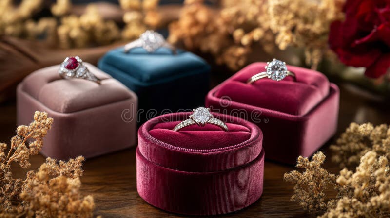 Elegant Diamond and Ruby Rings in Velvet Boxes Stock Illustration ...