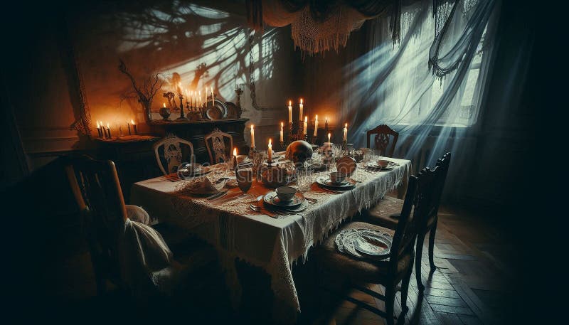 Elegant Dimly Lit Dinner Table Setup Stock Illustration - Illustration ...