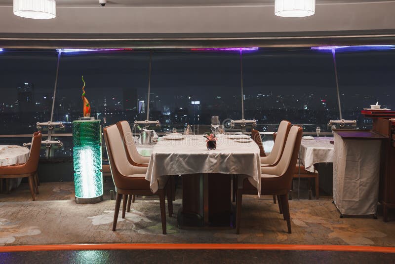 Elegant Dining Area Overlooking Shanghai Skyline at Night Stock Image ...