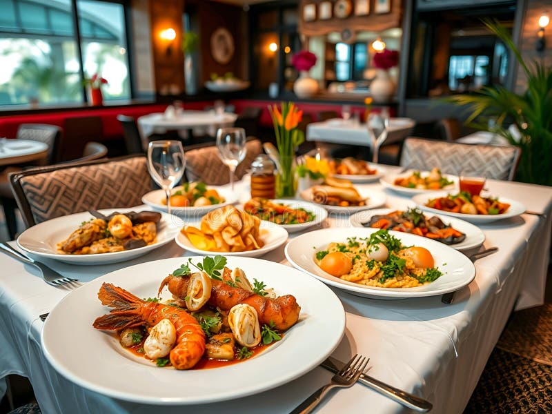 Elegant Dining Experience with Assorted Gourmet Dishes Stock Photo ...