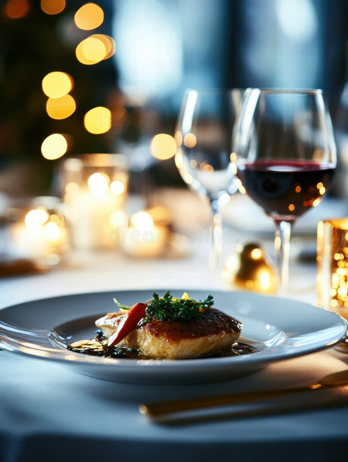 Luxurious Dining Table Featuring Gourmet Dish with Wine in Evening ...